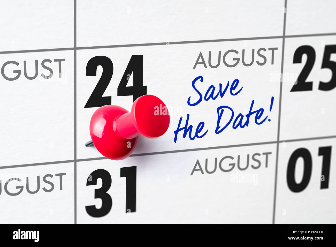Wall calendar with a red pin - August 24 Stock Photo - Alamy
