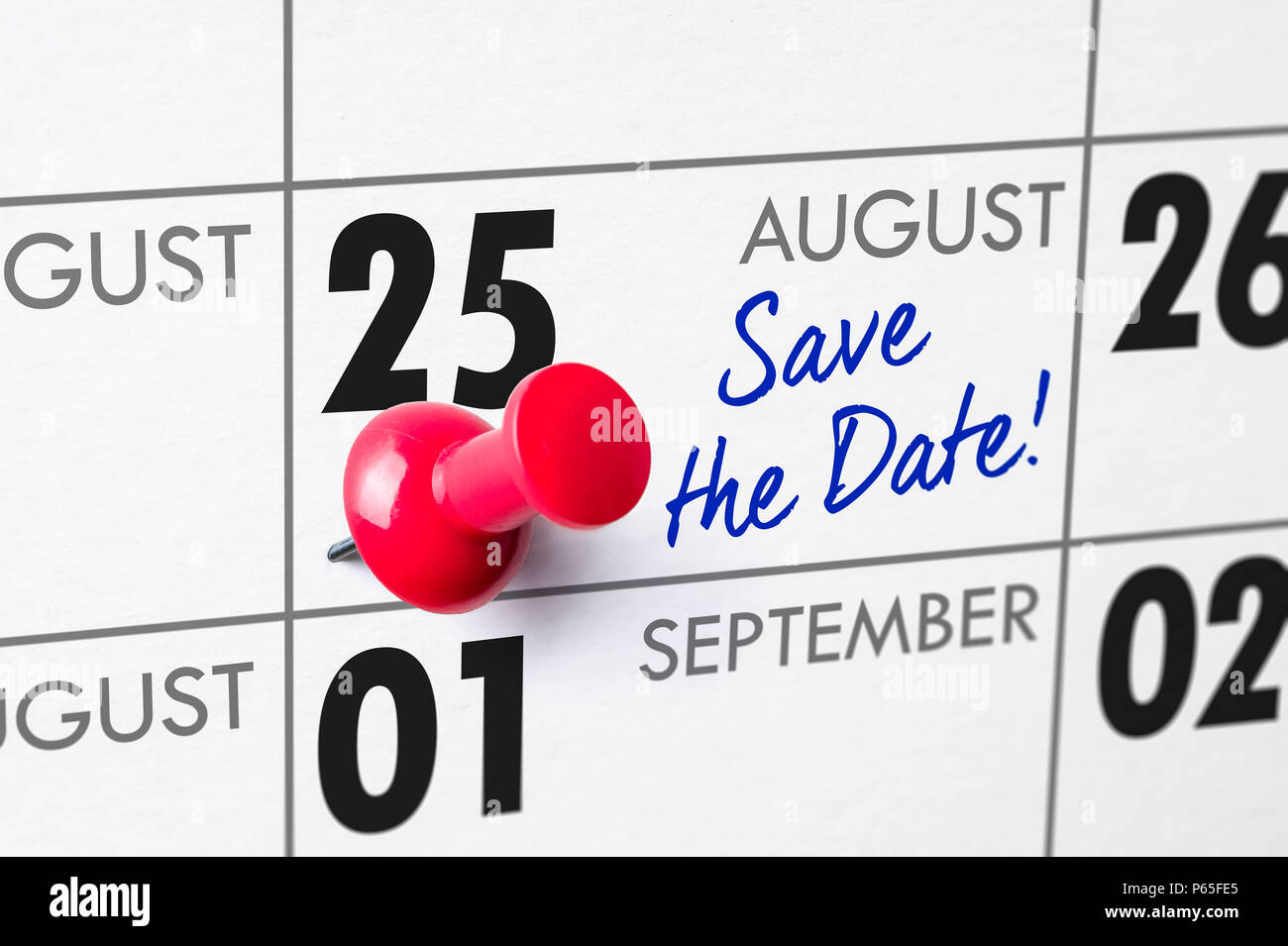 Wall calendar with a red pin - August 25 Stock Photo - Alamy