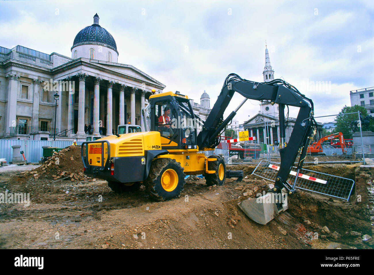 Excavation of Trafalgar Square, London. The north side of the square ...