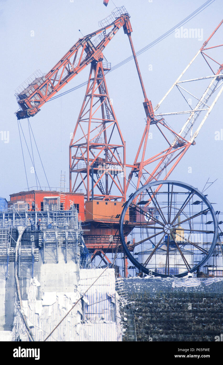 A giant steel ring is positioned for the beginning of the turbine ...