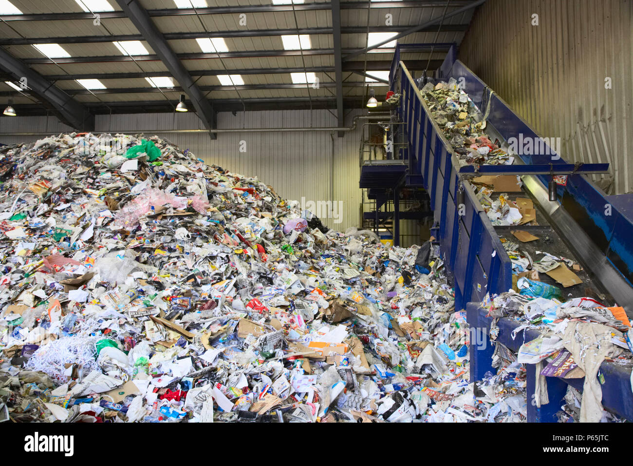 Conveyor belt taking recycling from dumping bay into sorting area Stock ...