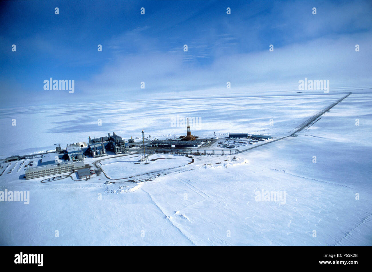 View from the air of Edicot Oil well, British Petroleum, Alaska, USA ...