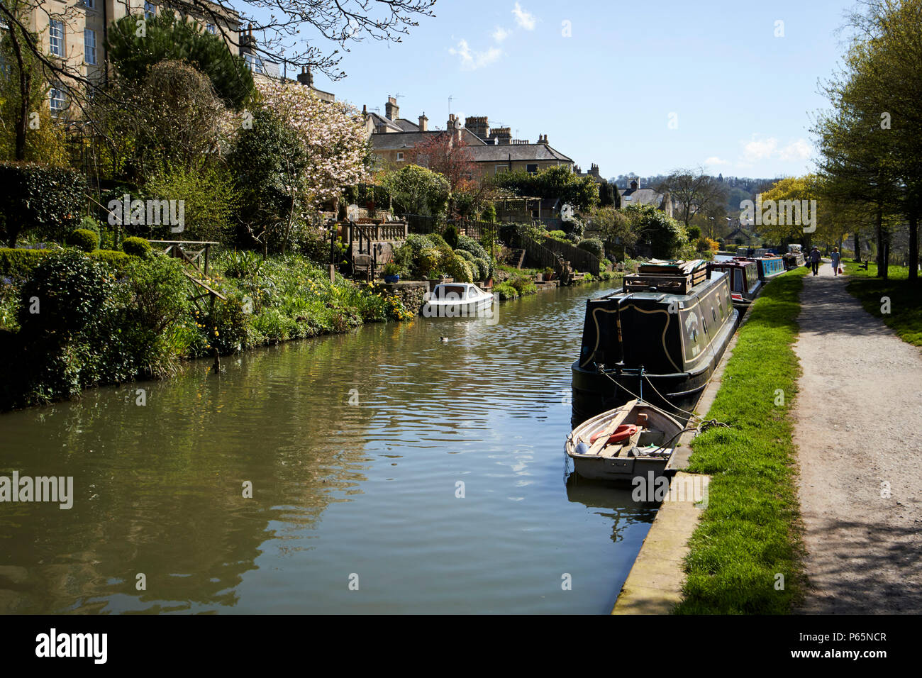 Kennet and Avon Canal with towpath and narrowboats Bath England UK ...