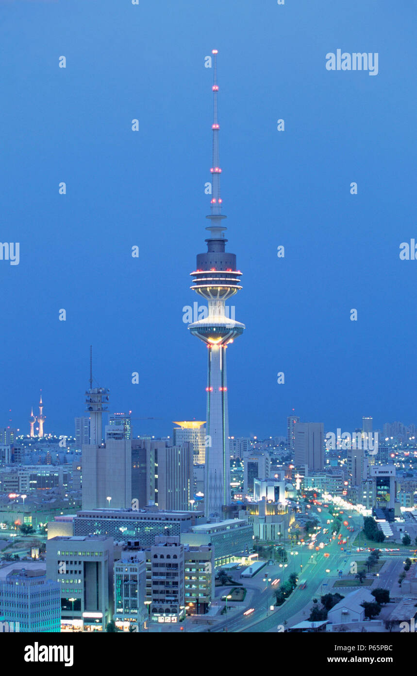 Communication tower, Kuwait City at dusk, Middle East Stock Photo - Alamy