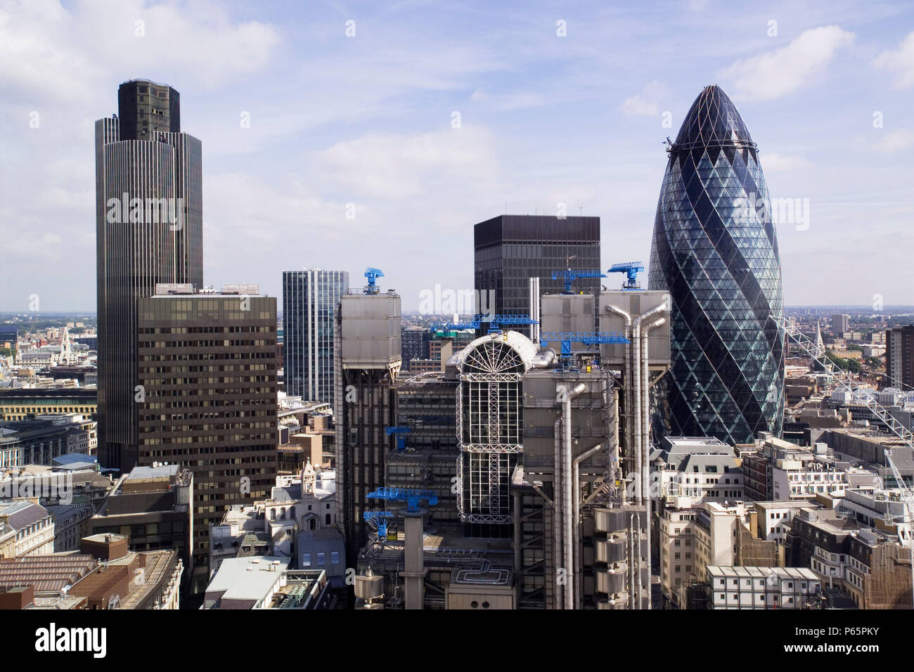 30 St. Mary Axe, The Gherkin Swiss-Re building, Lloyd's Building and ...