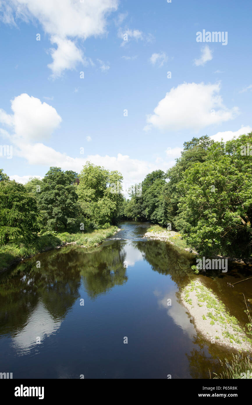The River Kent flowing next to Levens Hall viewed from the road bridge ...