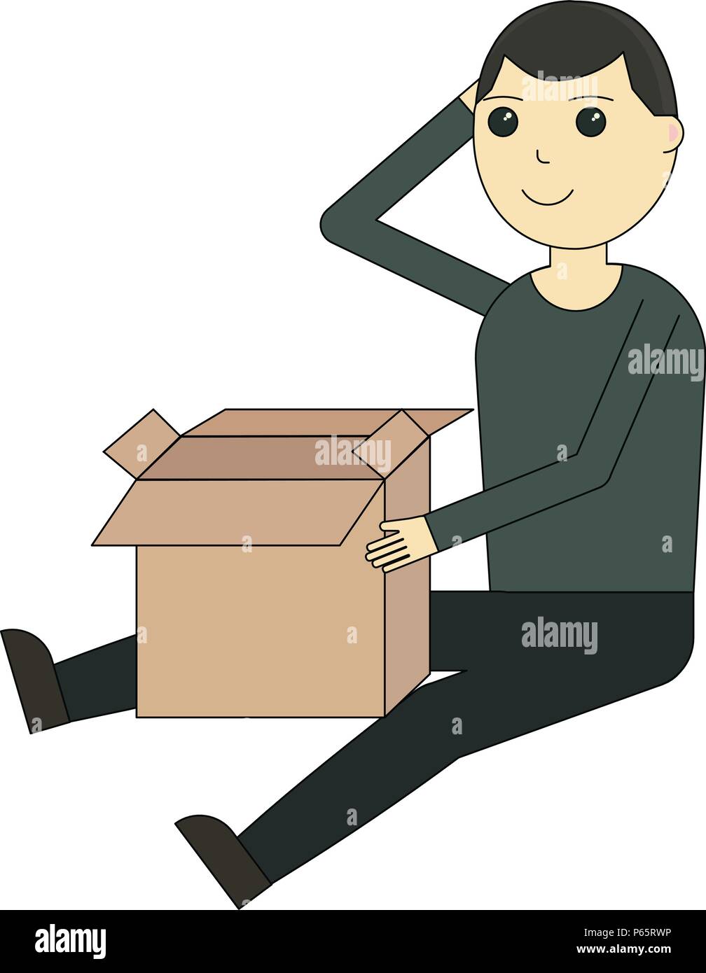 The guy is sitting and dismantling the box. Cartoon character isolated ...