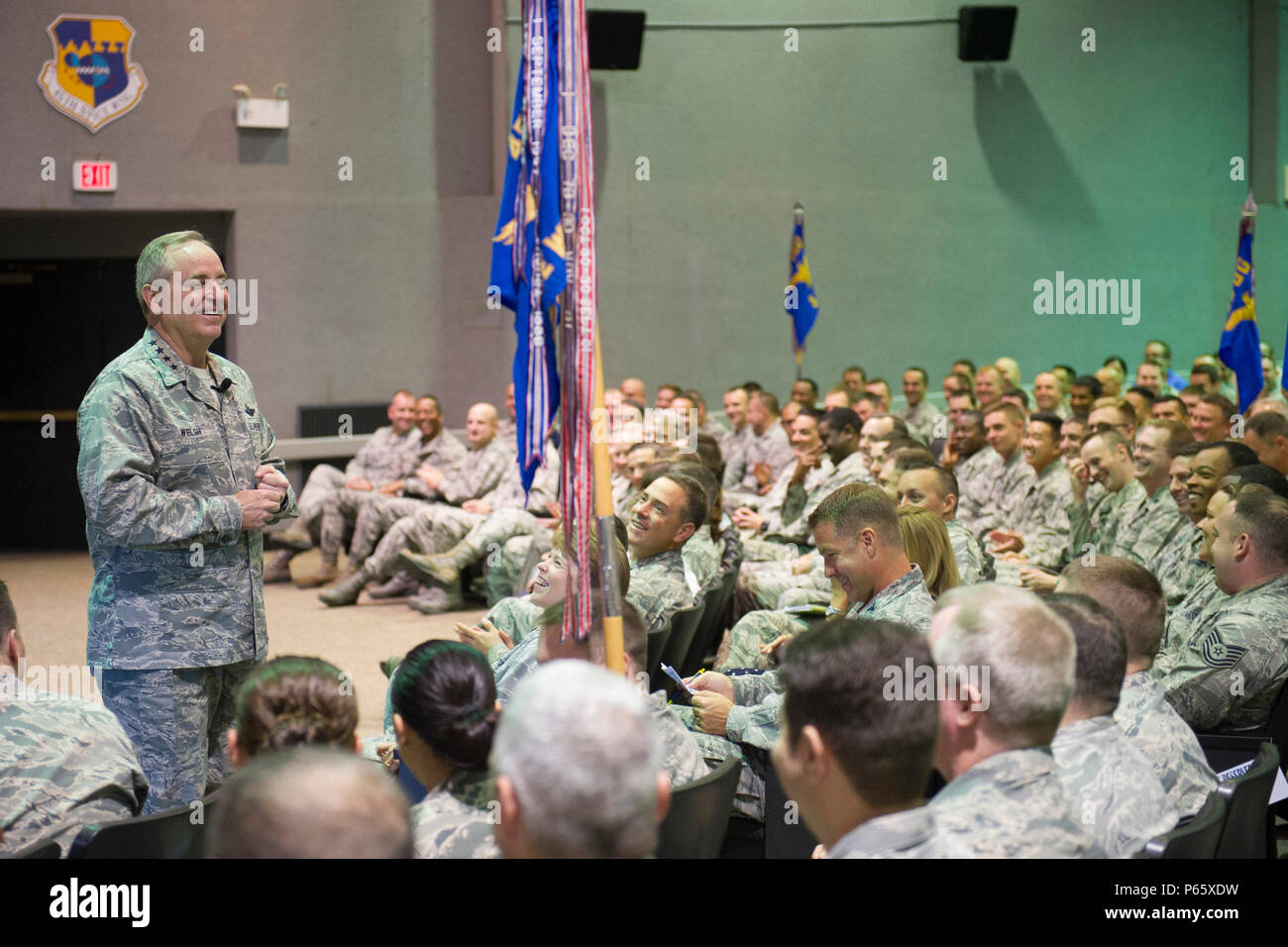 Air Force Chief of Staff Gen. Mark A. Welsh III speaks during an all call held at the base ...