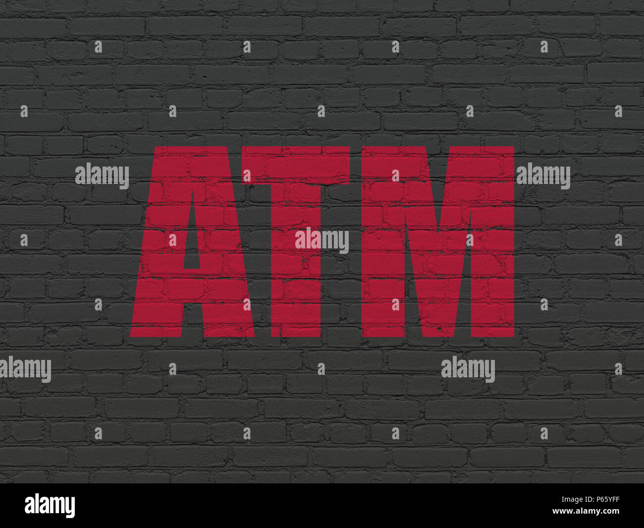 Banking concept: Painted red text ATM on Black Brick wall background ...