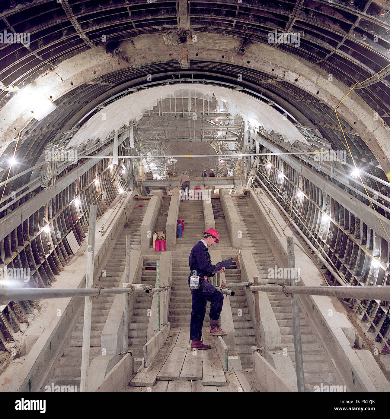 Escalators during refurbishment of Angel Underground station. London ...