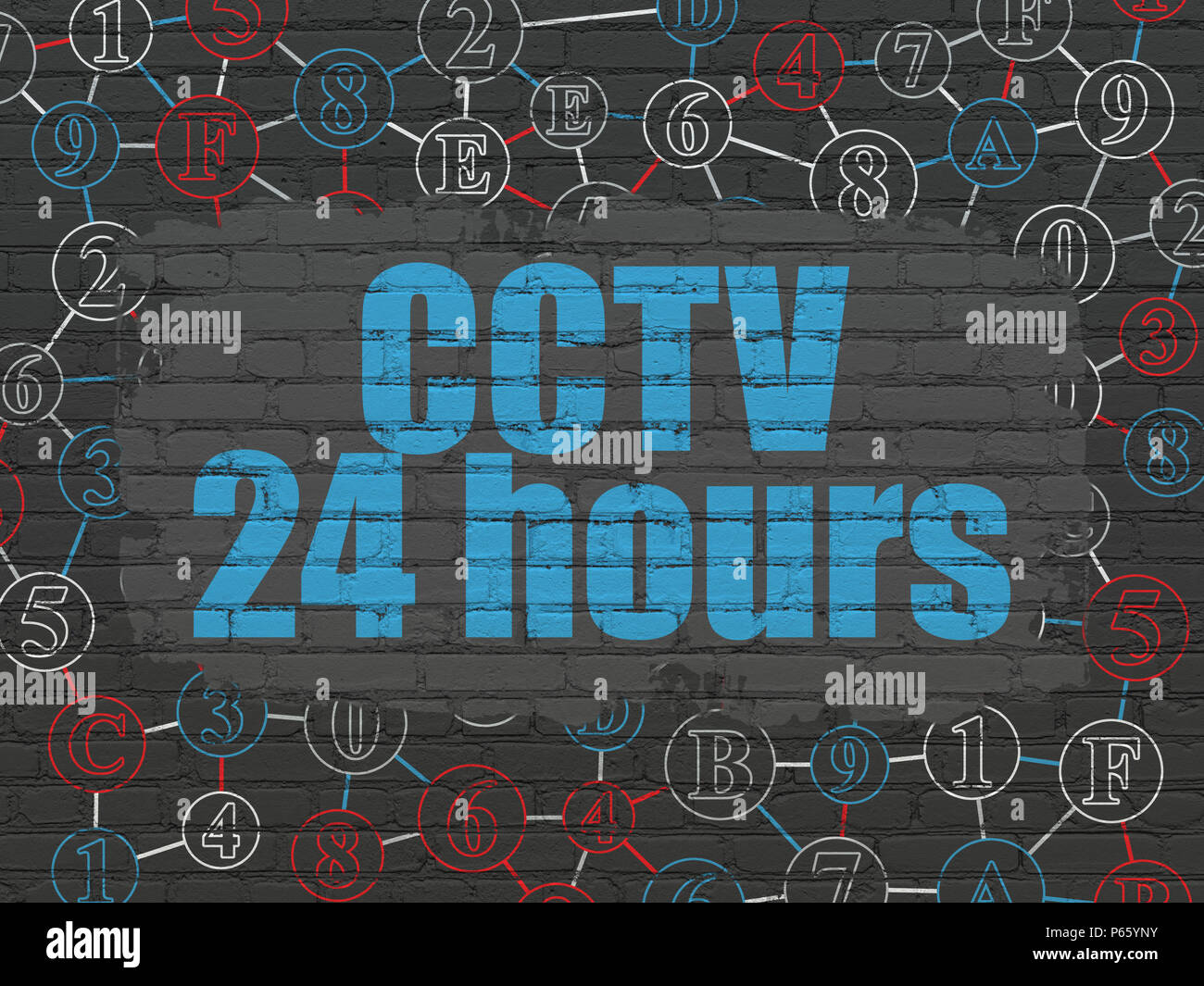 Safety concept: Painted blue text CCTV 24 hours on Black Brick wall background with Scheme Of ...