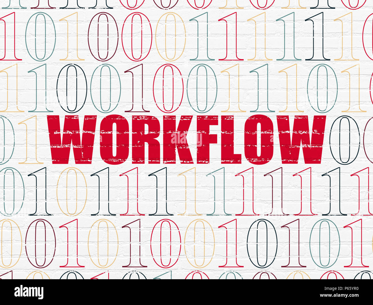 Finance concept: Painted red text Workflow on White Brick wall background with Binary Code Stock ...