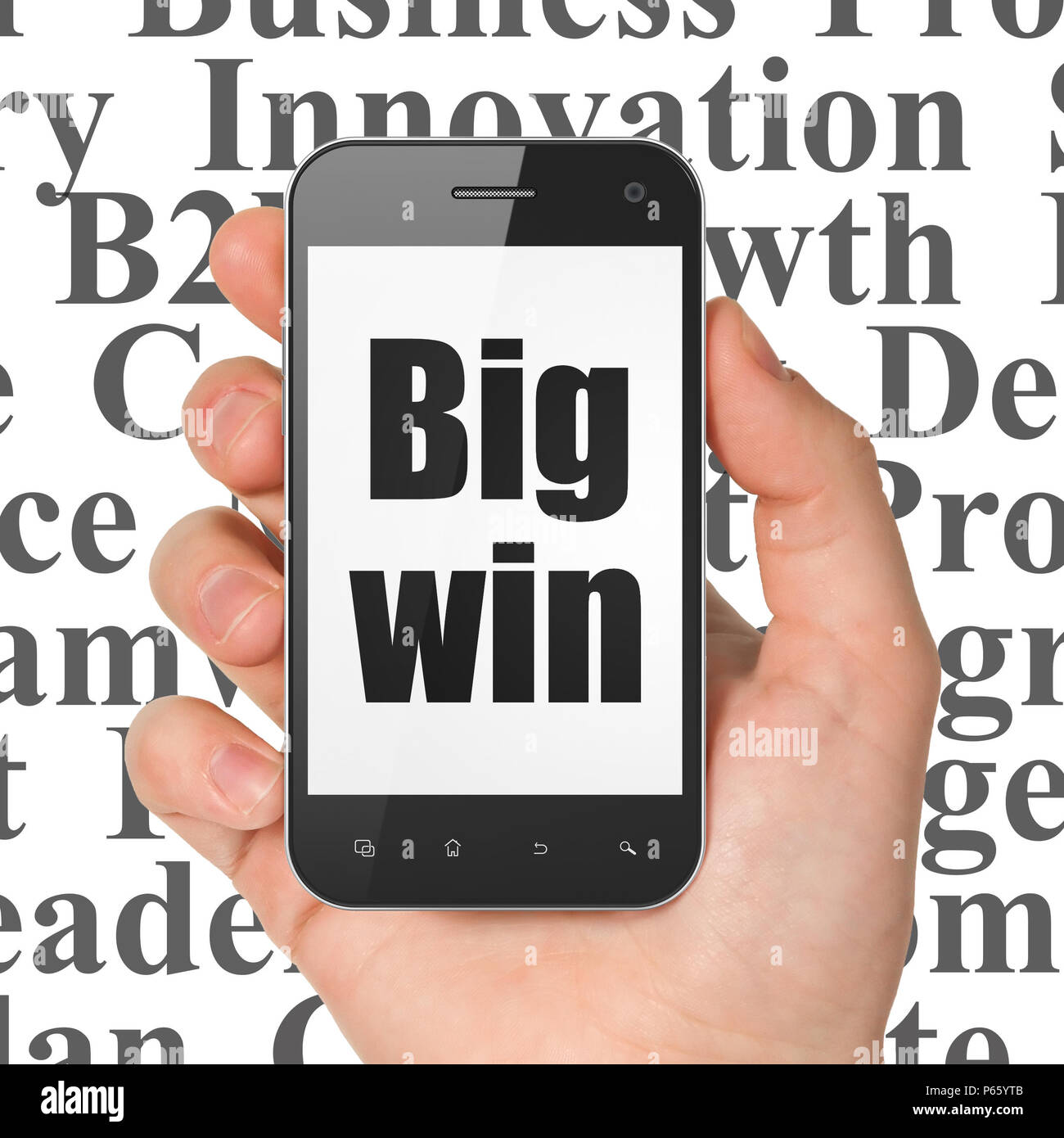 Finance concept: Hand Holding Smartphone with black text Big Win on ...