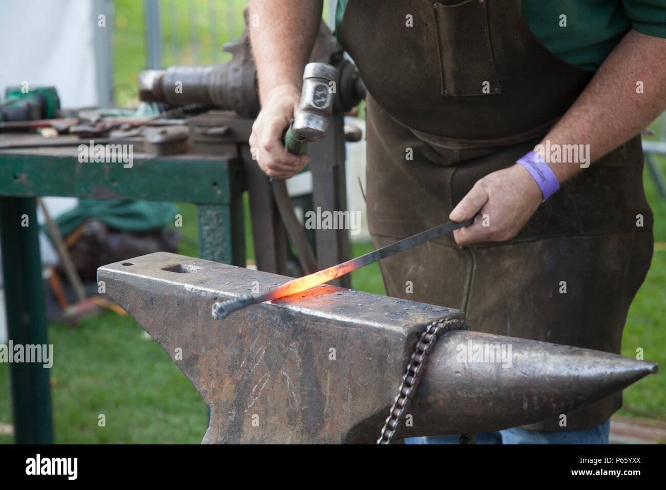 Blacksmith demonstrating his working with his hammer and anvil Stock ...