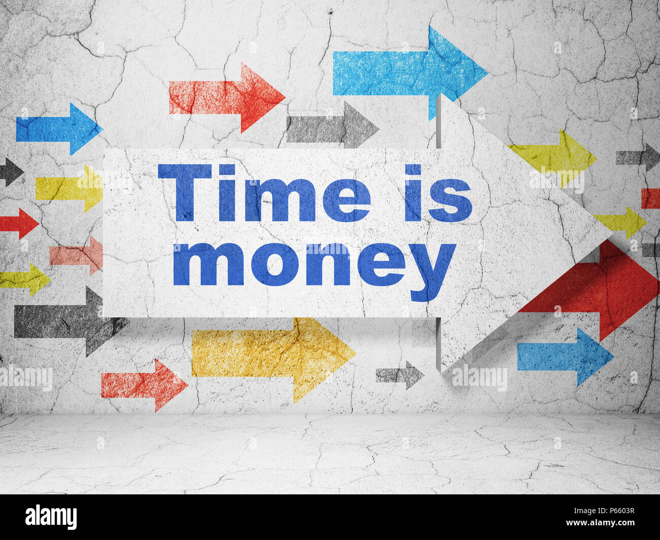 Time concept: arrow with Time is Money on grunge textured concrete wall ...