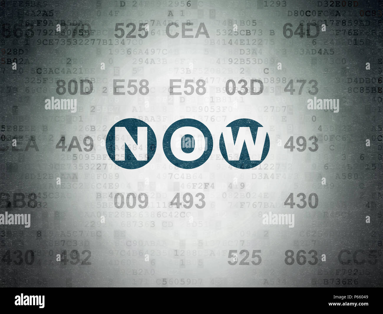 Time concept: Painted blue text Now on Digital Data Paper background with Hexadecimal Code Stock ...