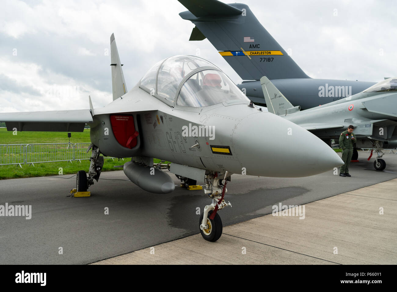 BERLIN - APRIL 26, 2018: Advanced jet trainer Alenia Aermacchi M-346 ...