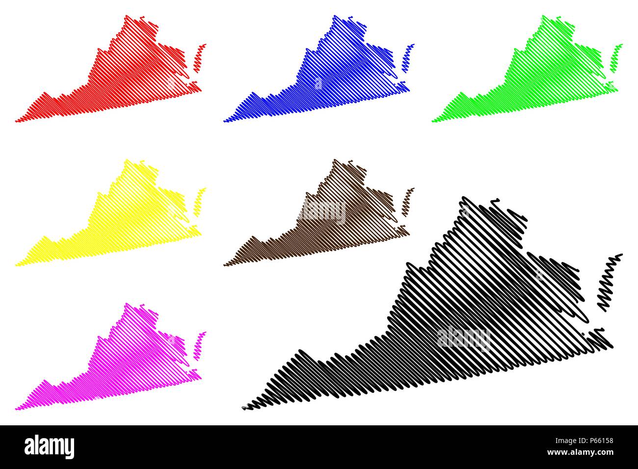 Virginia map vector illustration, scribble sketch Virginia map black, red, blue, green, yellow ...