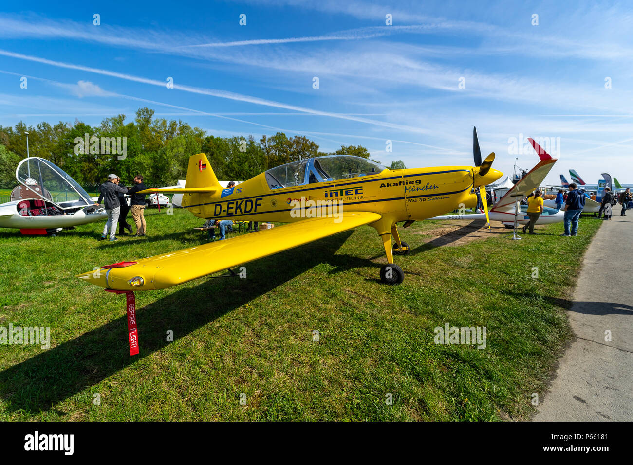 BERLIN - APRIL 27, 2018: Aerobatic aircraft and glider tug Akaflieg ...