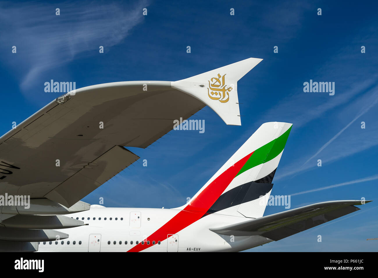 BERLIN - APRIL 27, 2018: Detail of passenger jet Airbus A380 in the ...