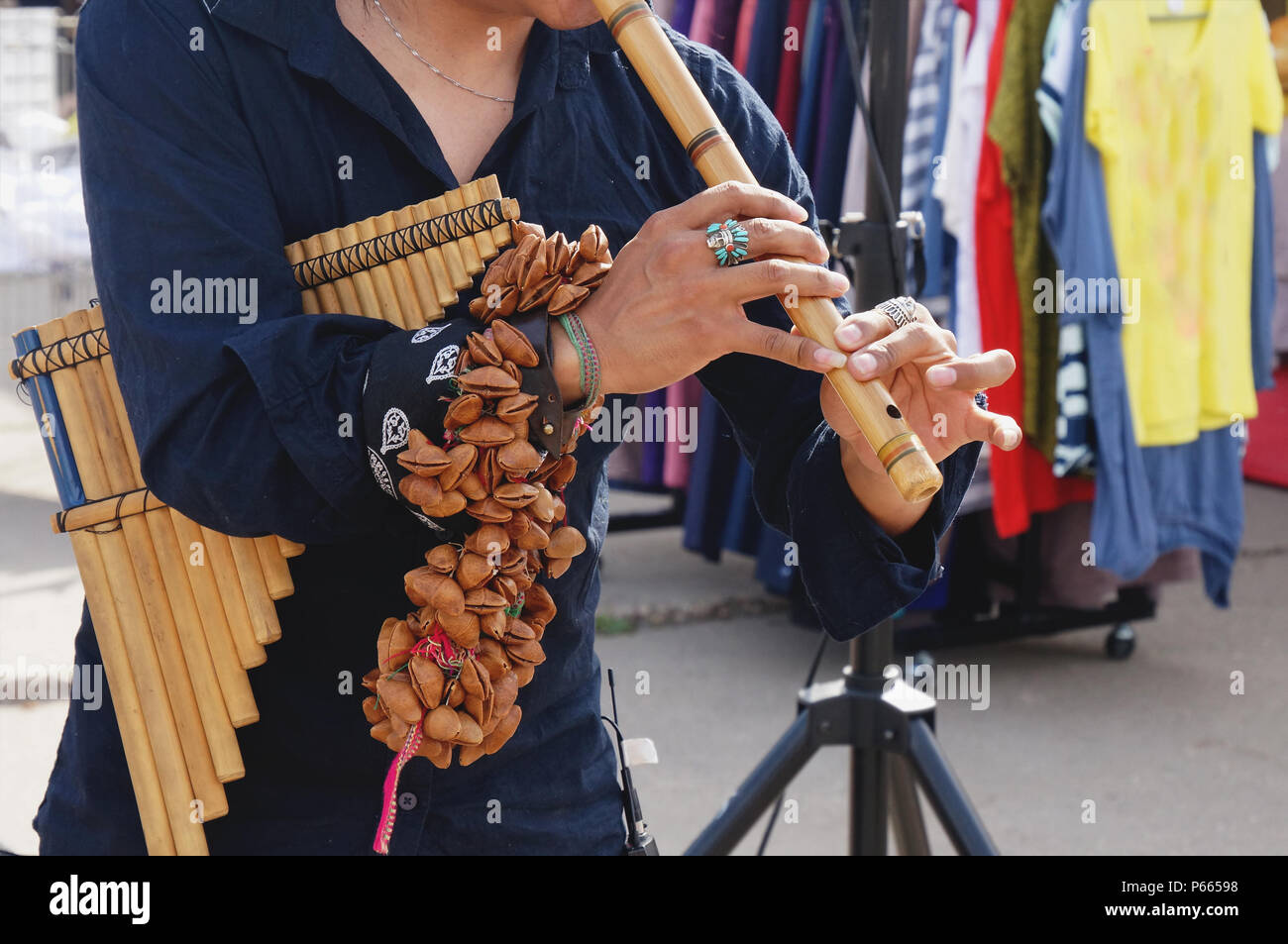 A street performer from Peru performing Latin American music on ...