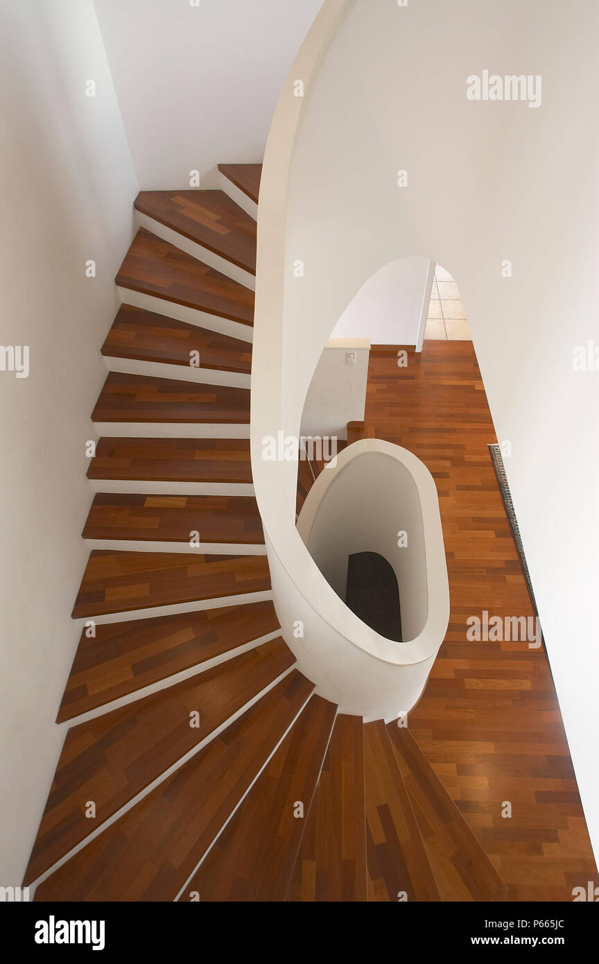 Switzerland, modern wooden stairs in house, Xavier Jeanneret architect ...