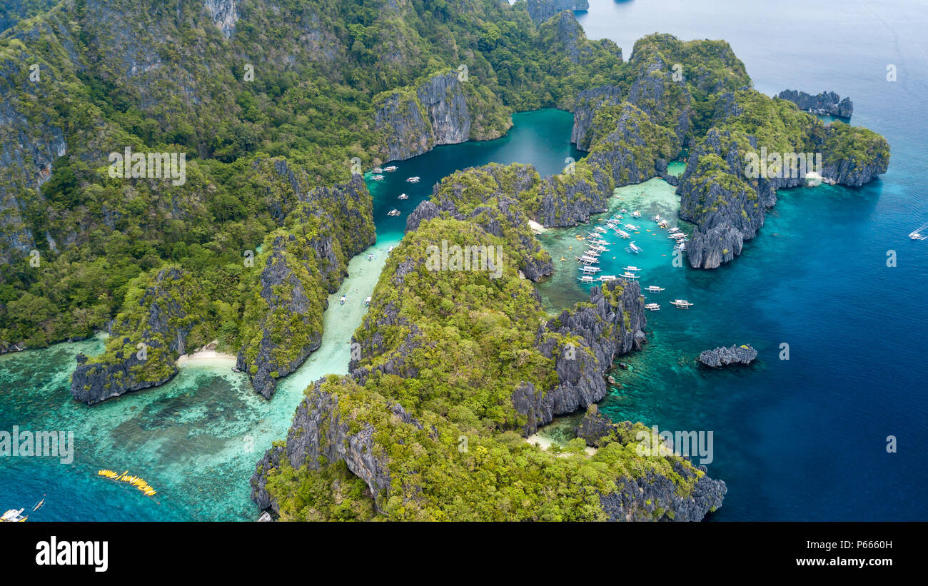 Aerial drone view of tourist boats around the beautiful big and small ...
