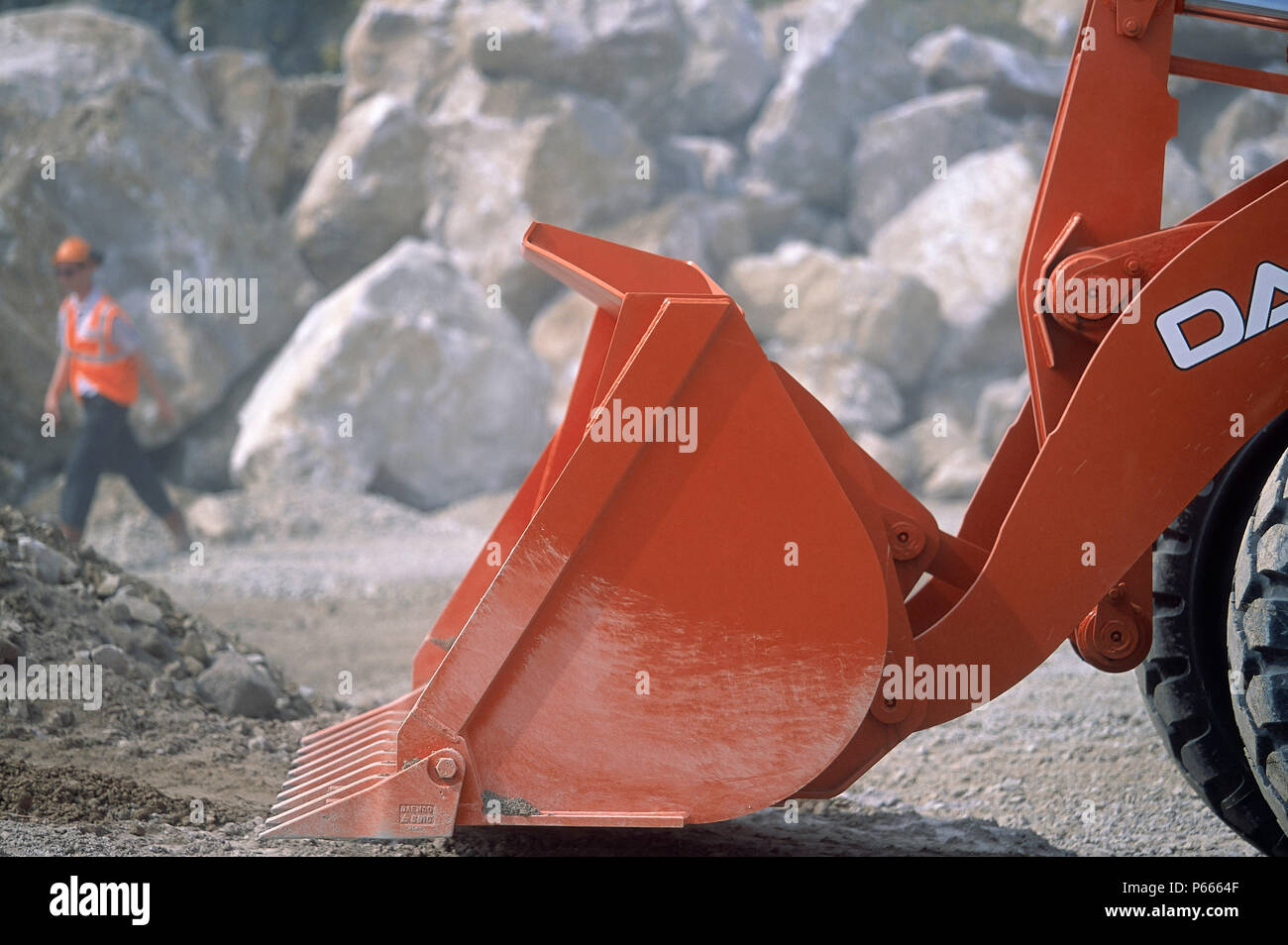 Detail of front bucket of Daewoo wheeled loader Stock Photo - Alamy