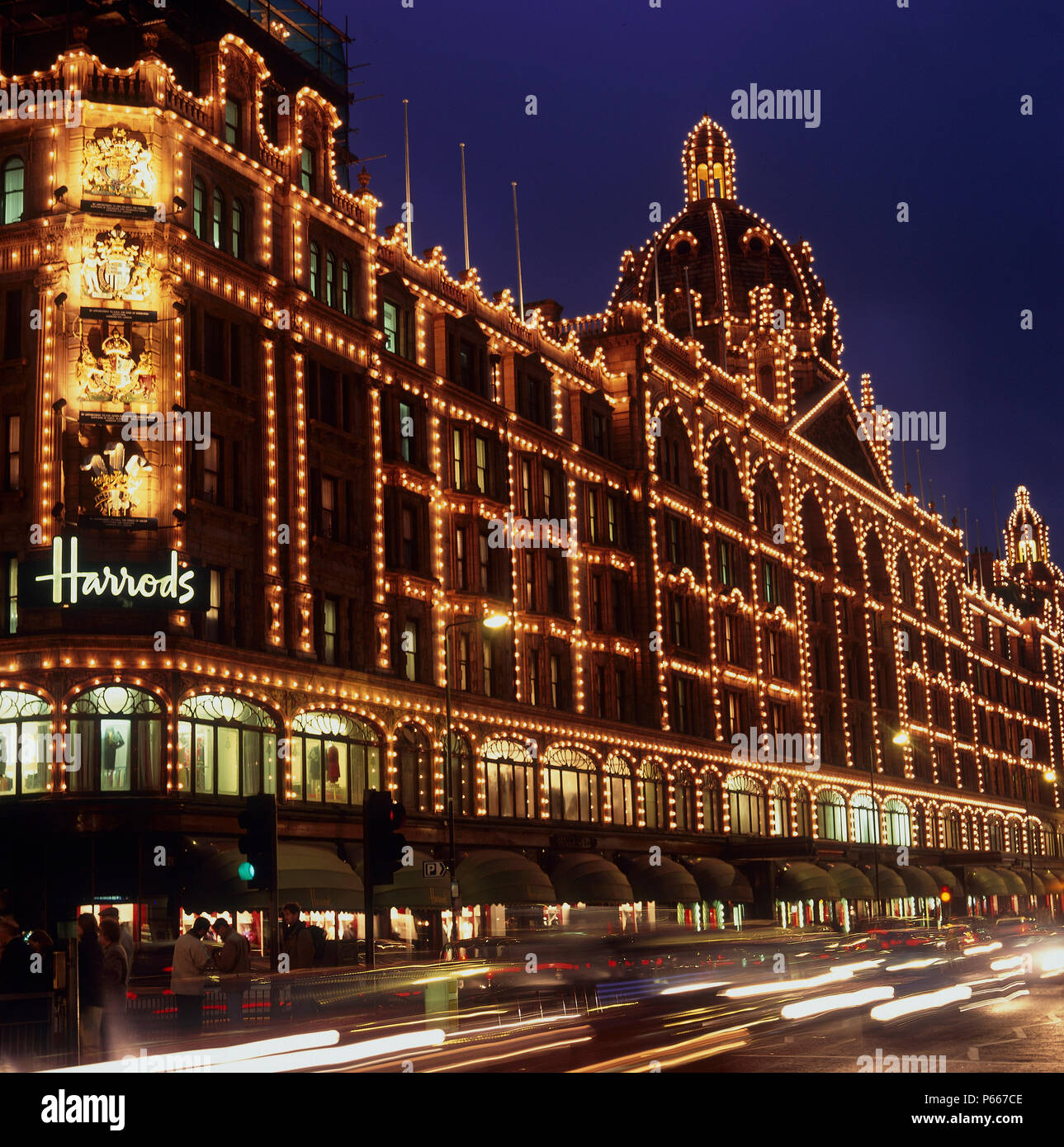 Illuminated facade of Harrods. Knightsbridge, London, United Kingdom ...