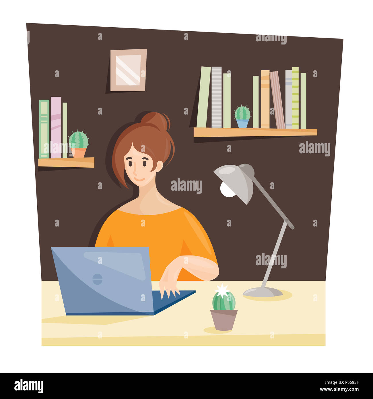 Vector illustration depicting young woman working at the computer Stock ...