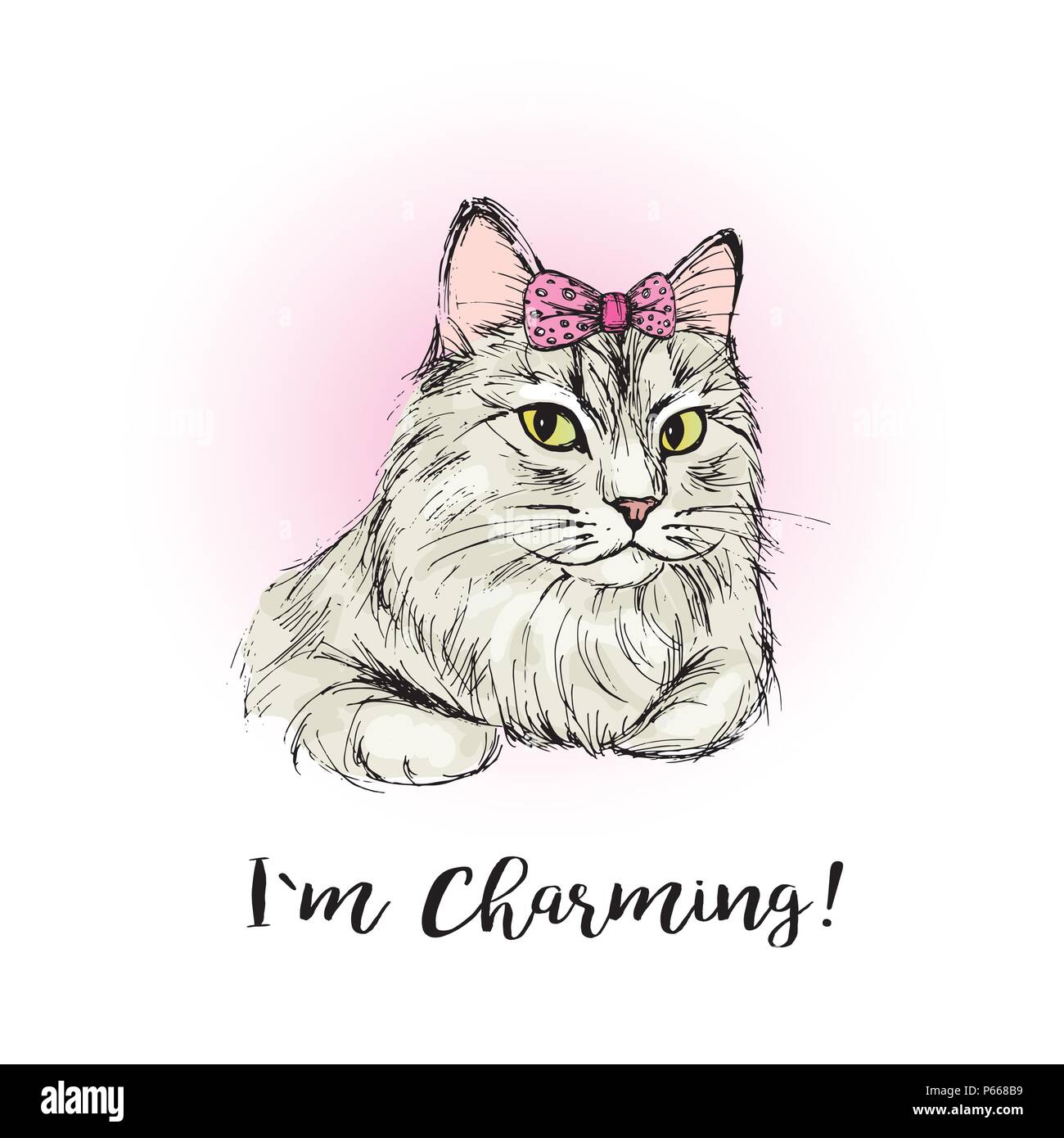 Charming cat with lettering, hand drawing vector illustration Stock ...