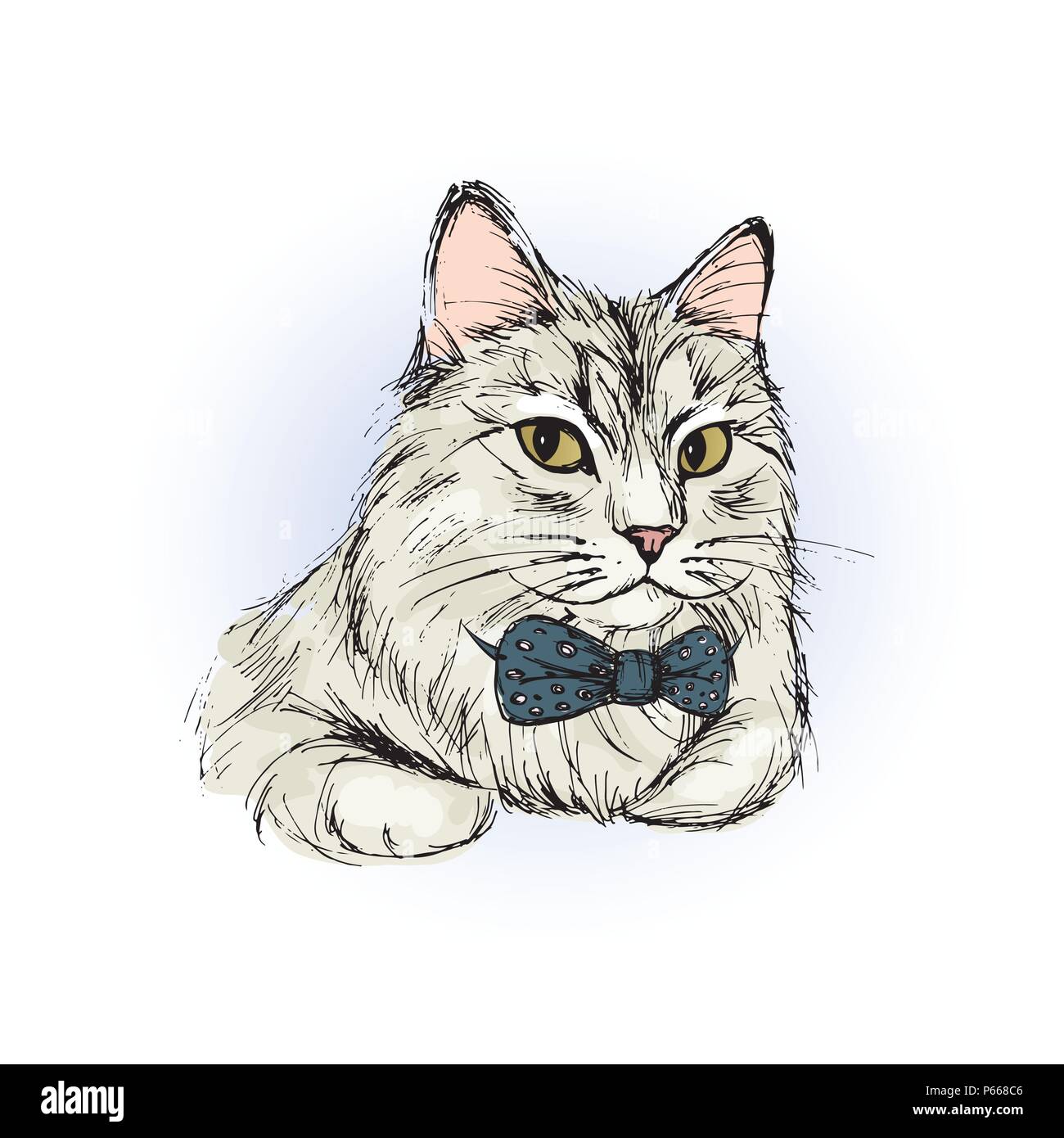 Charming male cat with bow , hand drawing vector illustration Stock ...