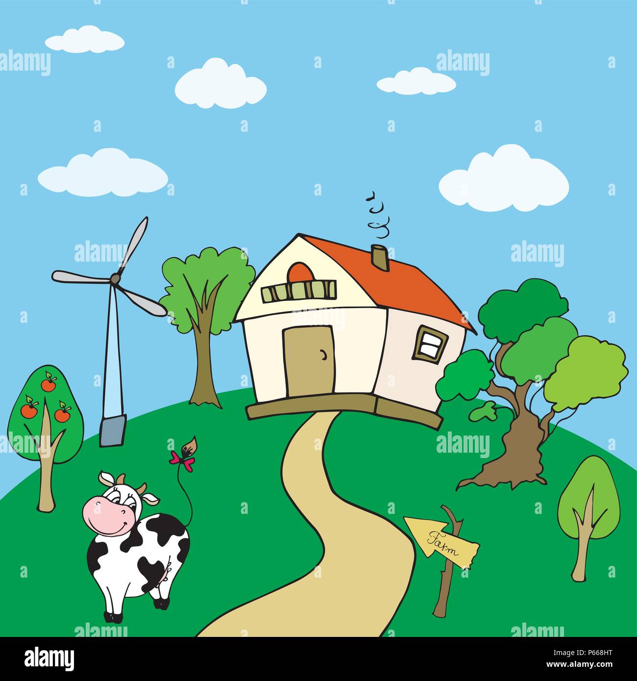 rural background with farm and cow,Stock Vector illustration Stock ...