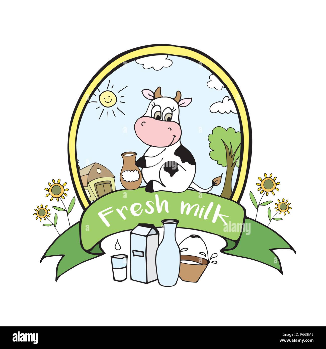 Positive, happy cow with milk, funny cartoon banner or logo , vector ...