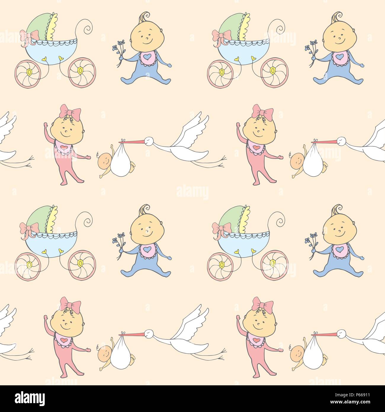Seamless pattern with newborn babies,pram and stork, stock vector ...