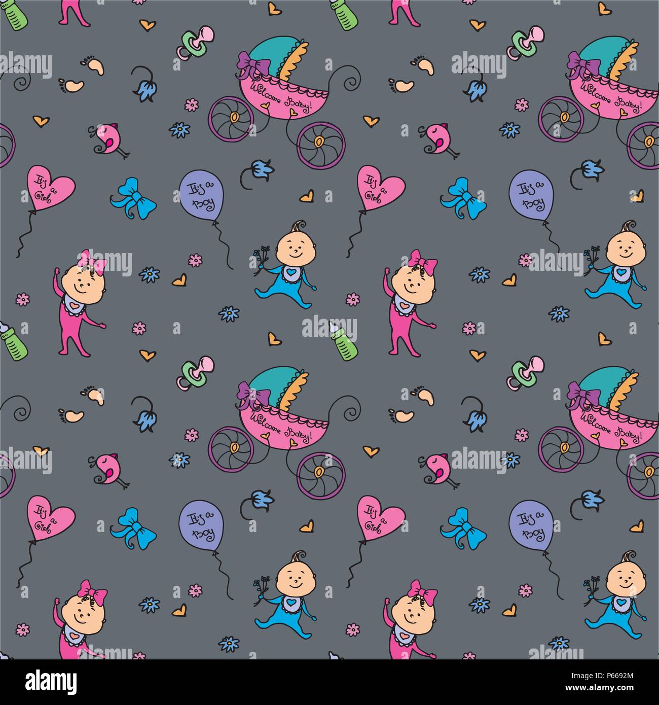 Vector seamless pattern with baby elements. Newborn accessories ...