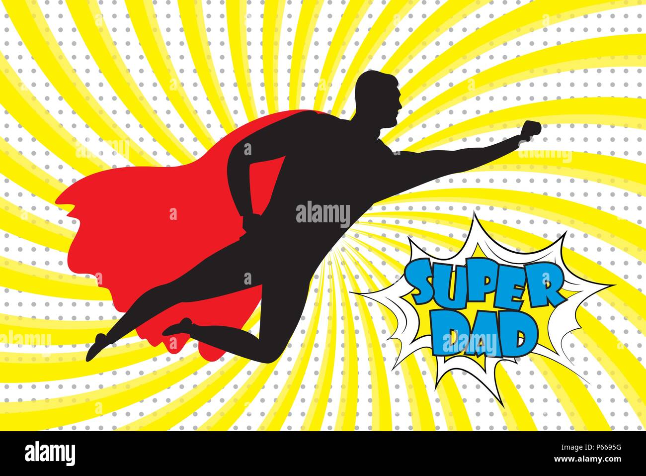 Silhouette of a flying superhero and super dad text in retro comic ...