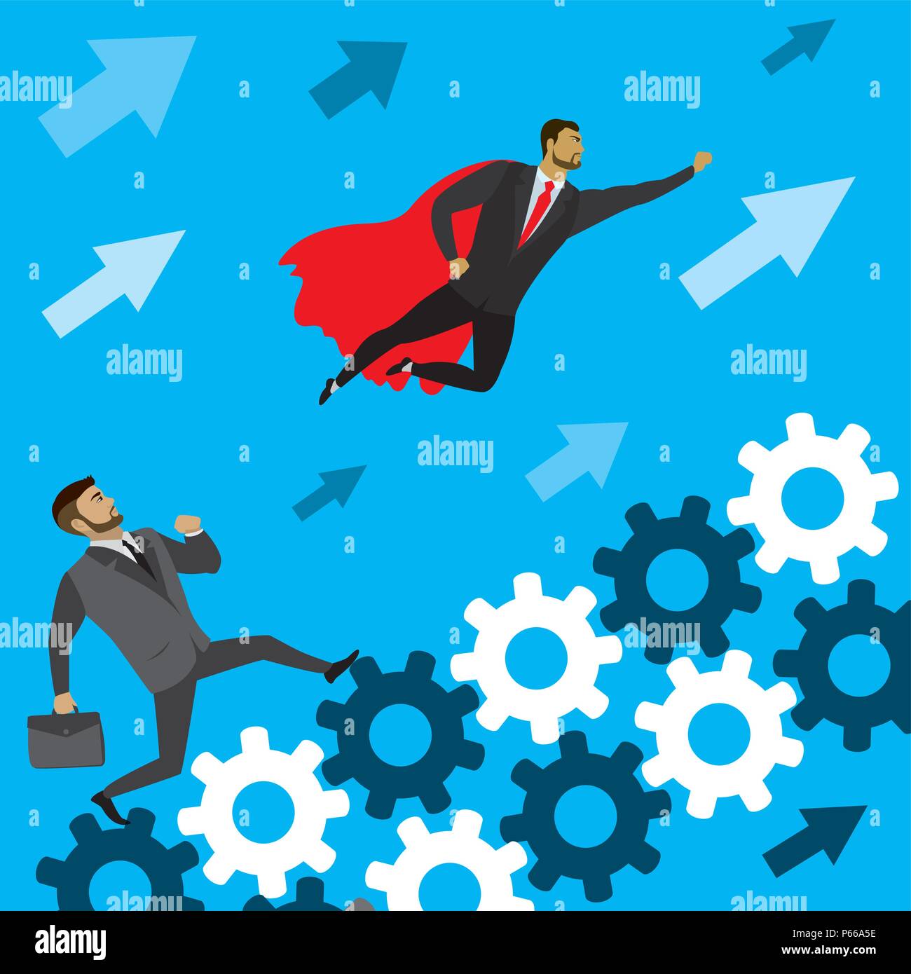 businessman run on the gears to success and super hero, cartoon vector ...