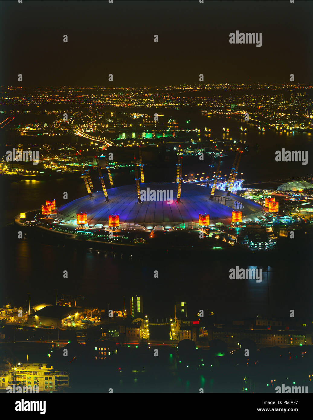 Aerial view of the Millennium Dome at night Docklands area. London ...