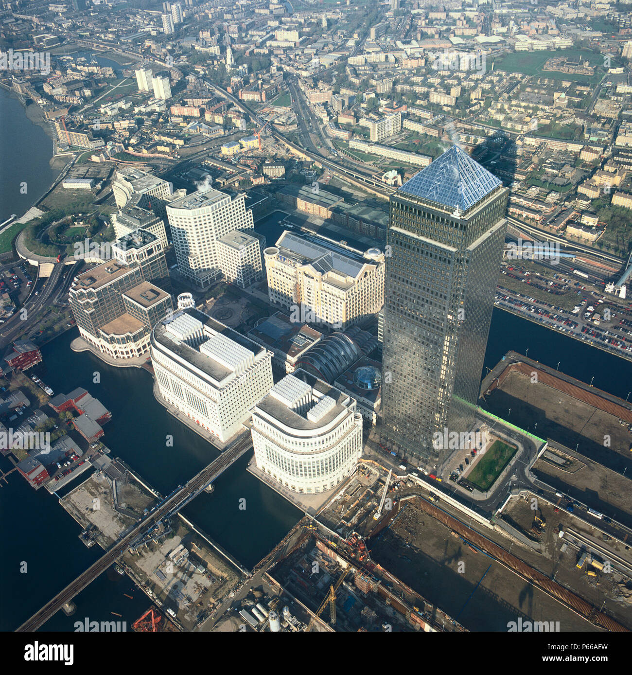 Aerial view of Canary Wharf Docklands area. London United Kingdom Stock ...