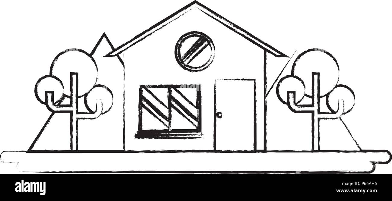 house and trees over landscape and white background, vector ...