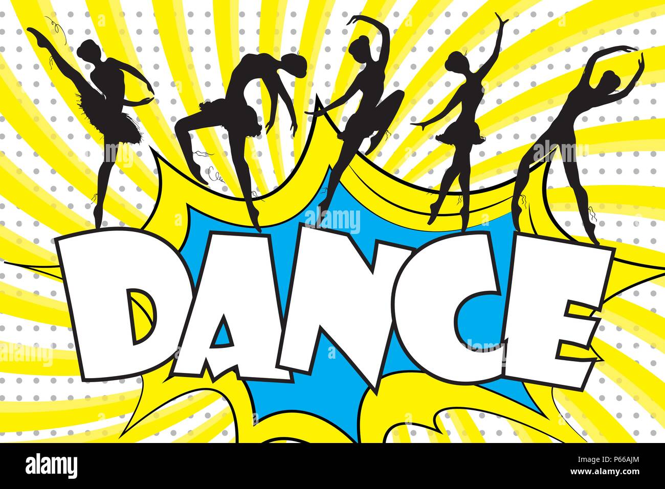 Dance - text in retro comic style and black silhouettes of danci Stock ...