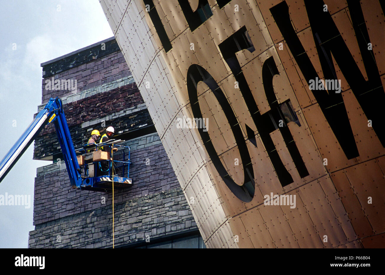 Facade maintenance on the Wales Millennium Centre, Cardiff Bay, South ...