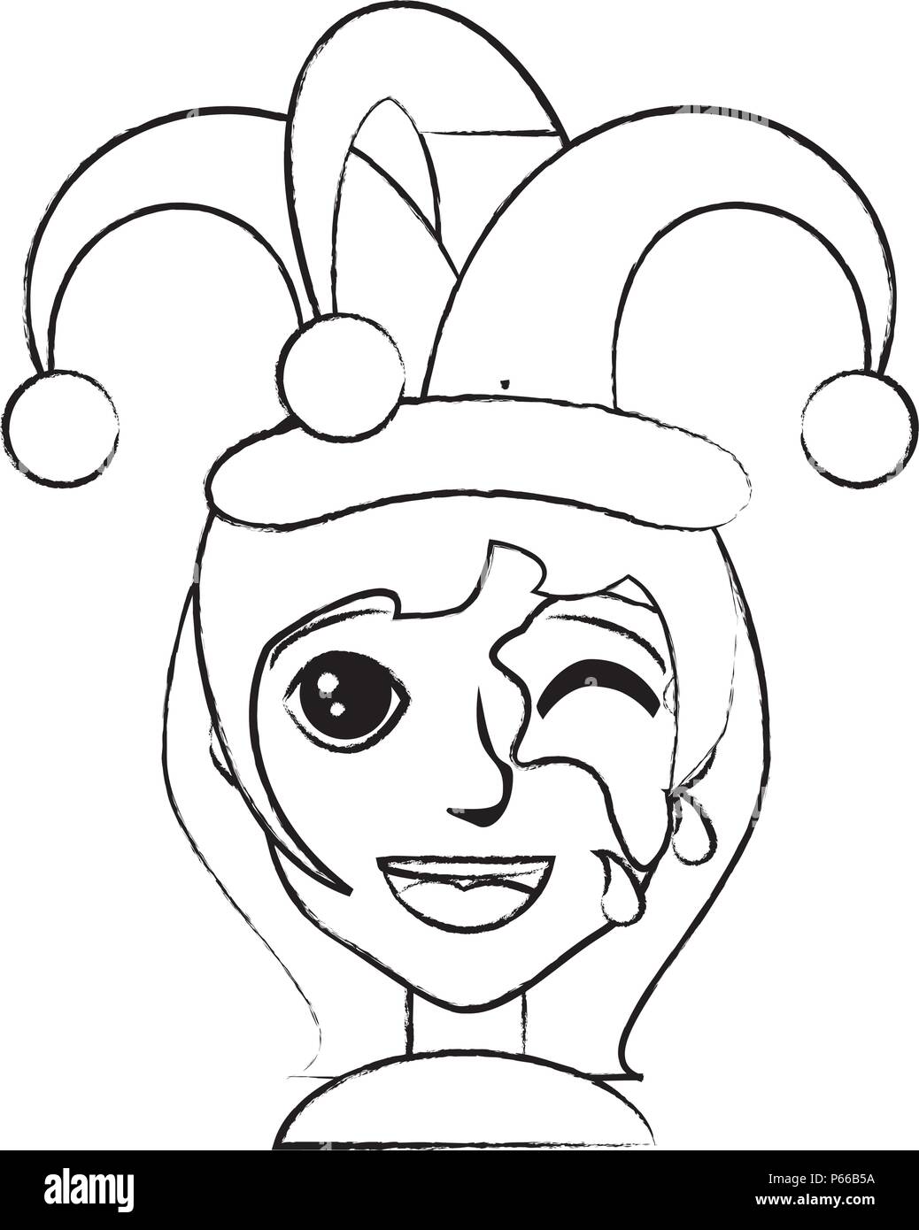 sketch of Cartoon girl with jester hat over white background, vector ...