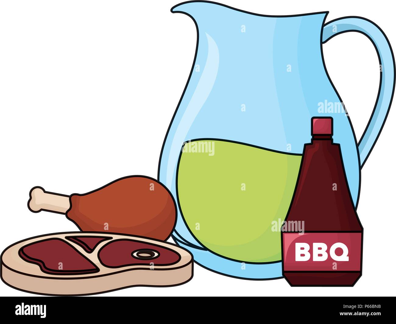 Picnic food design with lemonade pitcher and steak meat over white ...