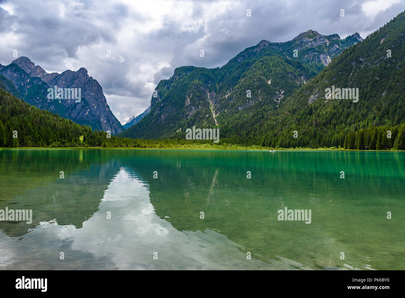 Lake Dobbiaco (Toblacher See, Lago di Dobbiaco) in Dolomite Alps, South ...