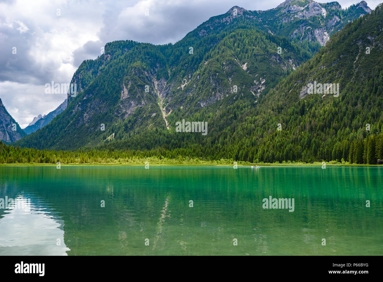 Lake Dobbiaco (Toblacher See, Lago di Dobbiaco) in Dolomite Alps, South ...