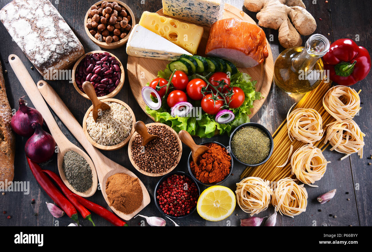 Composition with assorted organic food products on the table Stock ...