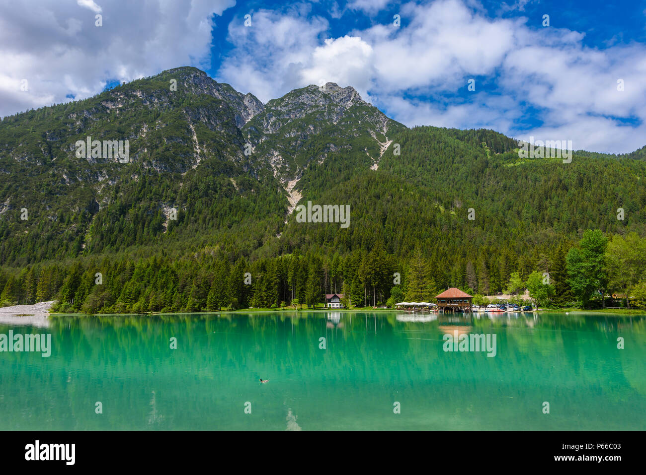 Lake Dobbiaco (Toblacher See, Lago di Dobbiaco) in Dolomite Alps, South ...