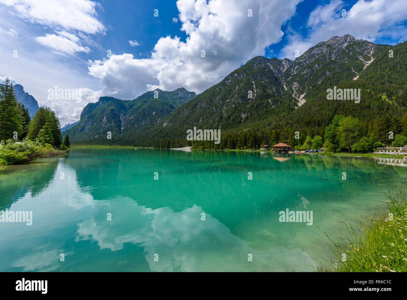 Lake Dobbiaco (Toblacher See, Lago di Dobbiaco) in Dolomite Alps, South ...